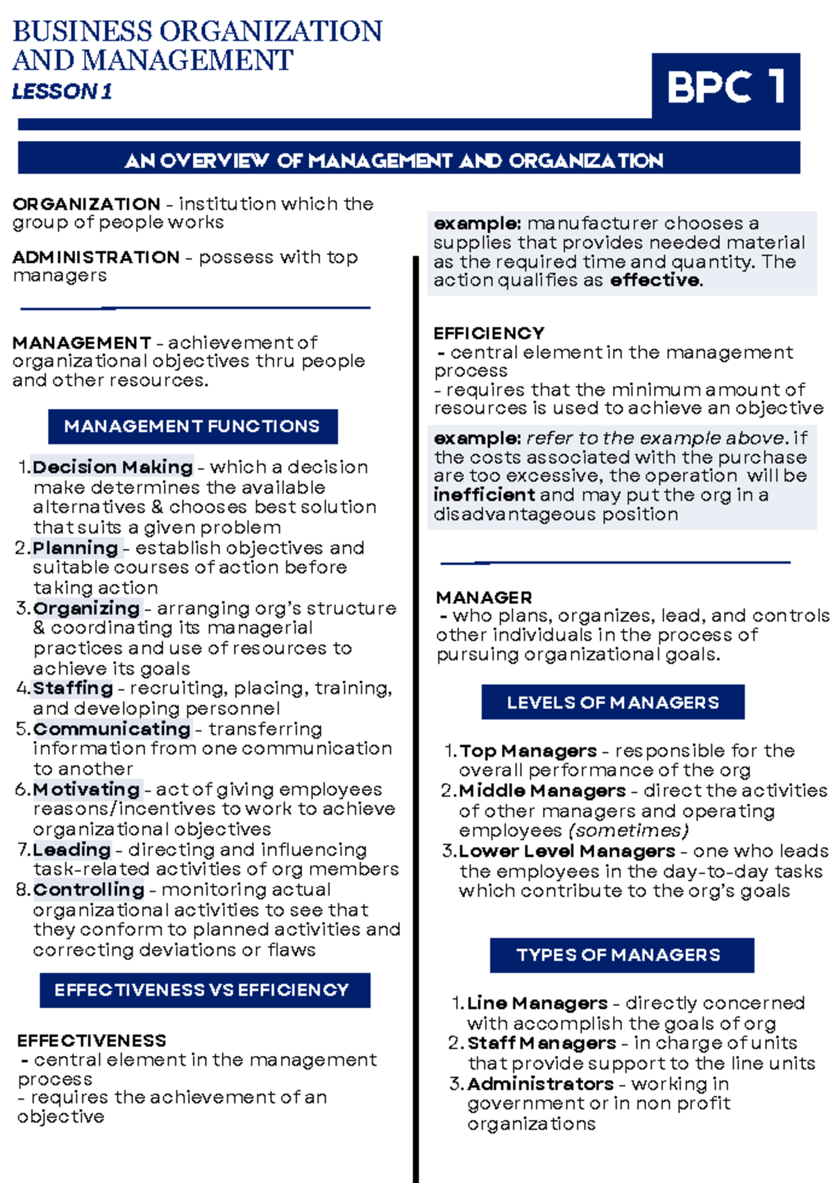 Bpc Lesson 1 Notes Business Organization And Management Bpc 1 An