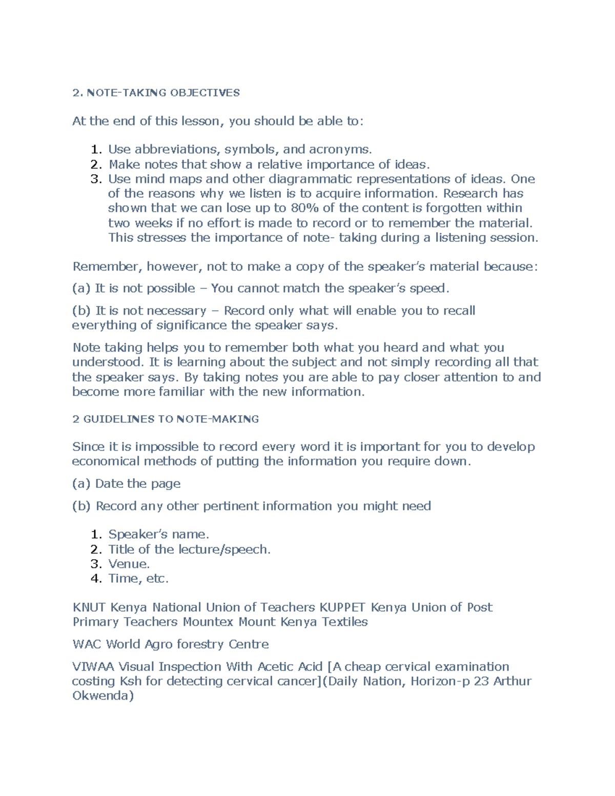 NOTE Taking - 2. NOTE-TAKING OBJECTIVES At the end of this lesson, you ...