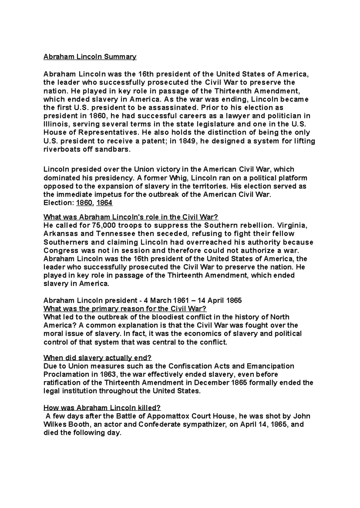 Abraham Lincoln Summary - Abraham Lincoln Summary Abraham Lincoln was ...