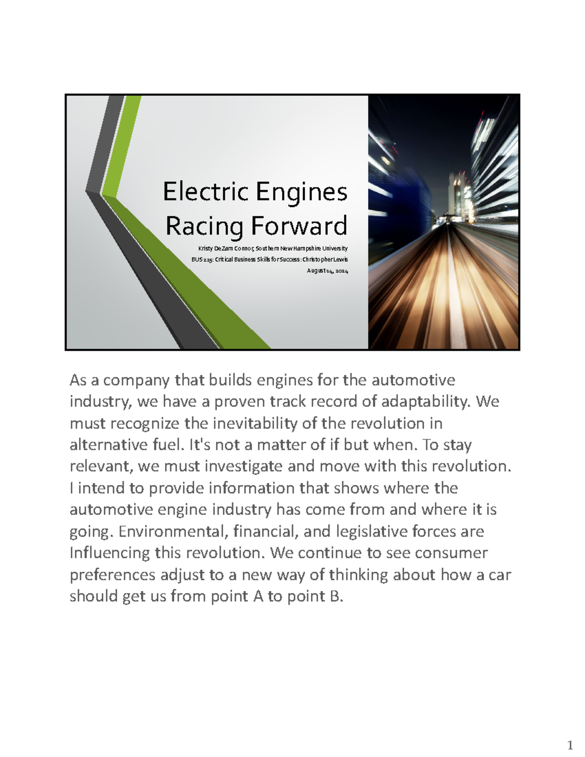 BUS225 Project Three - A+ PowerPoint for the electric engine. There are ...