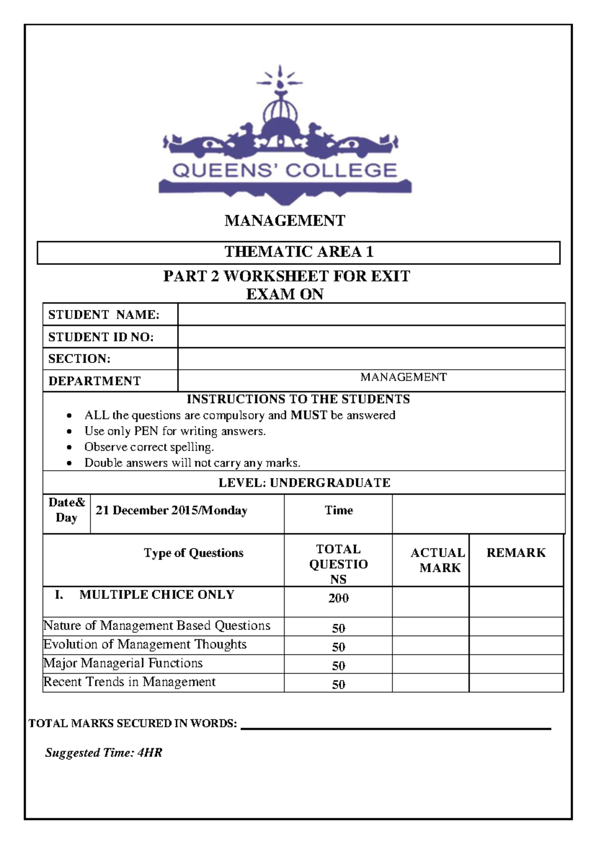 Part 2 MGMT Exit Exam Worksheet Question-1 - Suggested Time: 4HR ...
