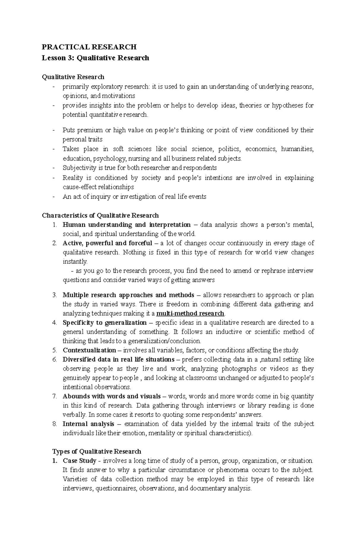 Lesson 3 - Qualitative Research - PRACTICAL RESEARCH Lesson 3 ...