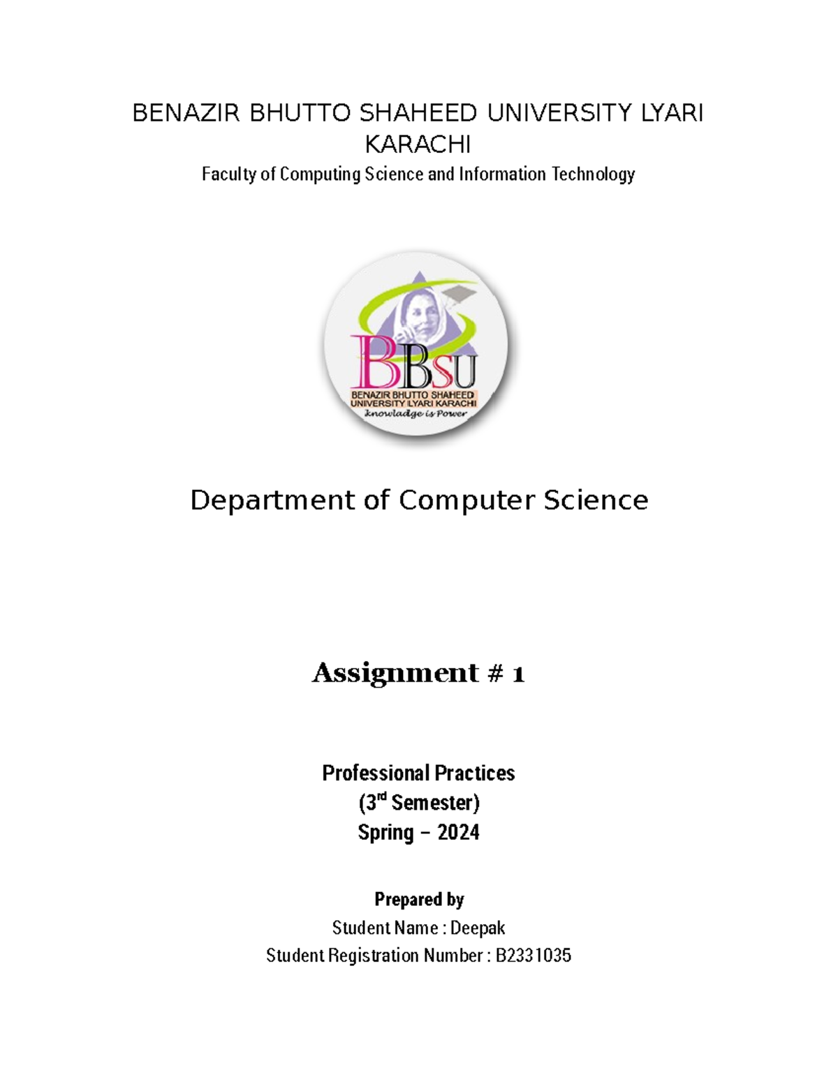 Professional Practices Assignment - BENAZIR BHUTTO SHAHEED UNIVERSITY ...