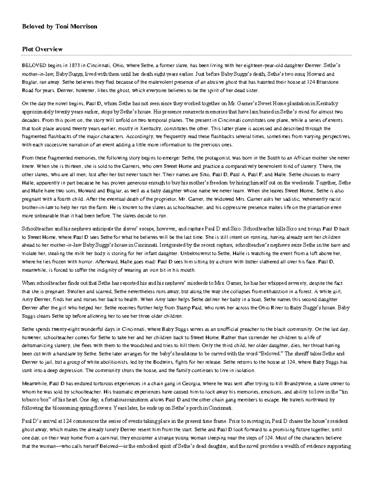 Beloved by Toni Morrison - Sethe’s mother-in-law, Baby Suggs, lived ...