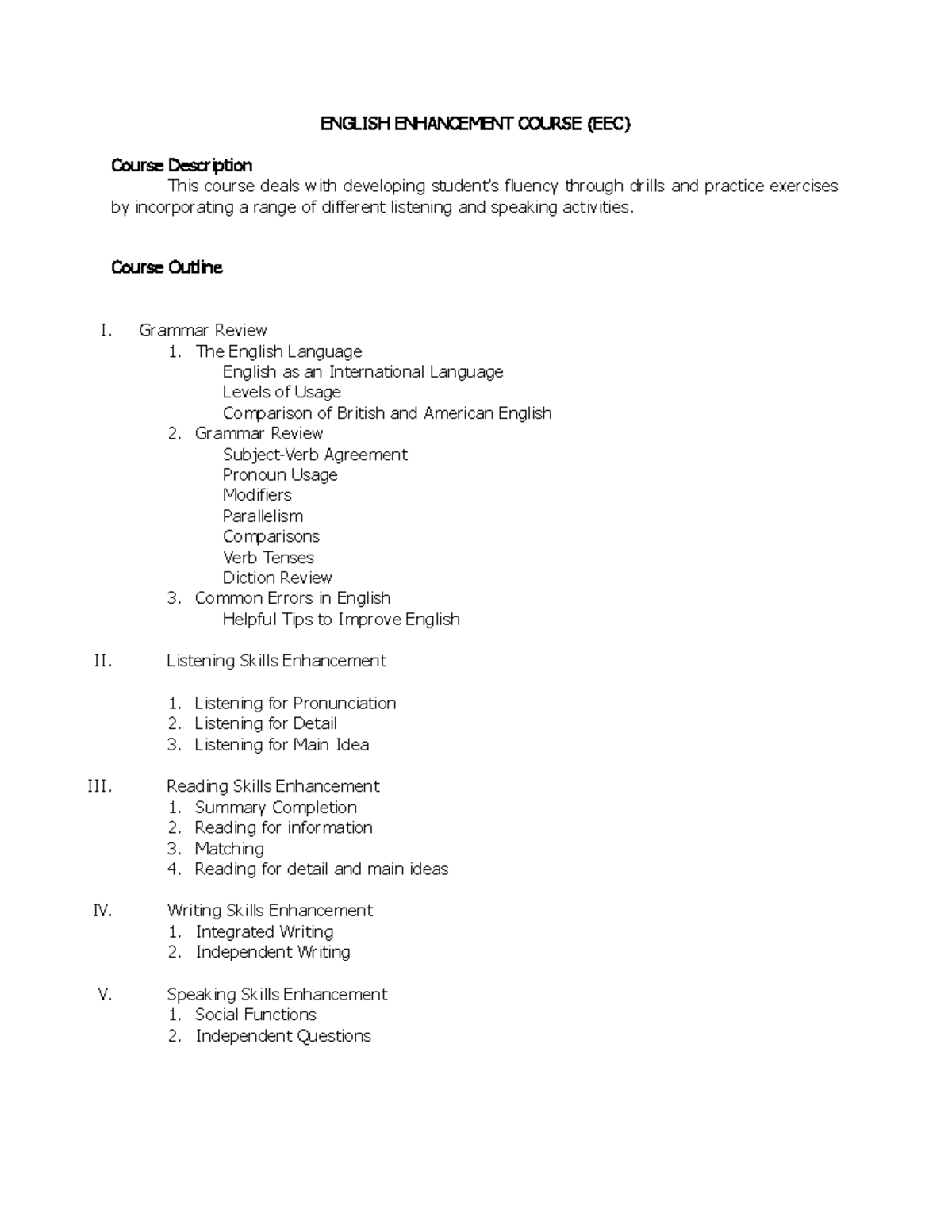 Course Outline - ENGLISH ENHANCEMENT COURSE (EEC) Course Description ...