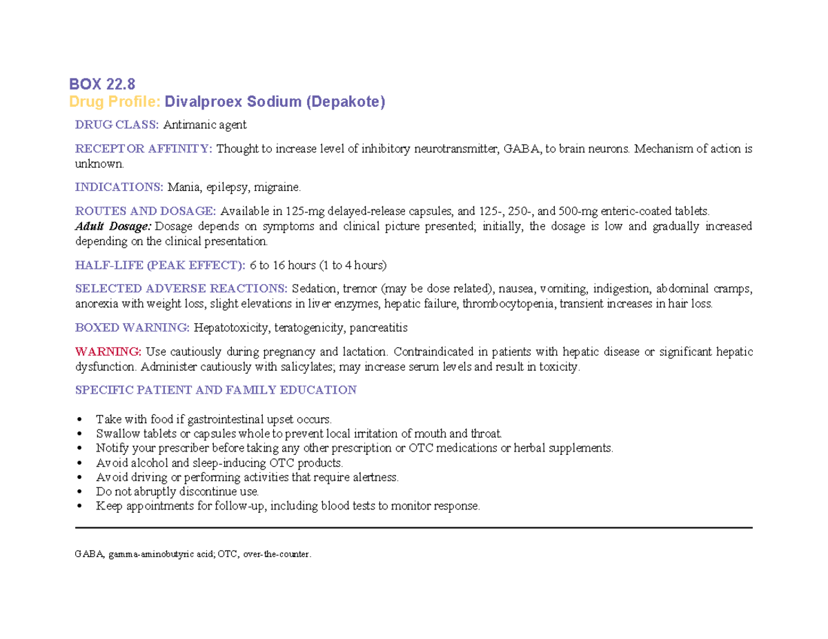 Depakote Lamictal and Tegretol - BOX 22. Drug Profile: Divalproex ...
