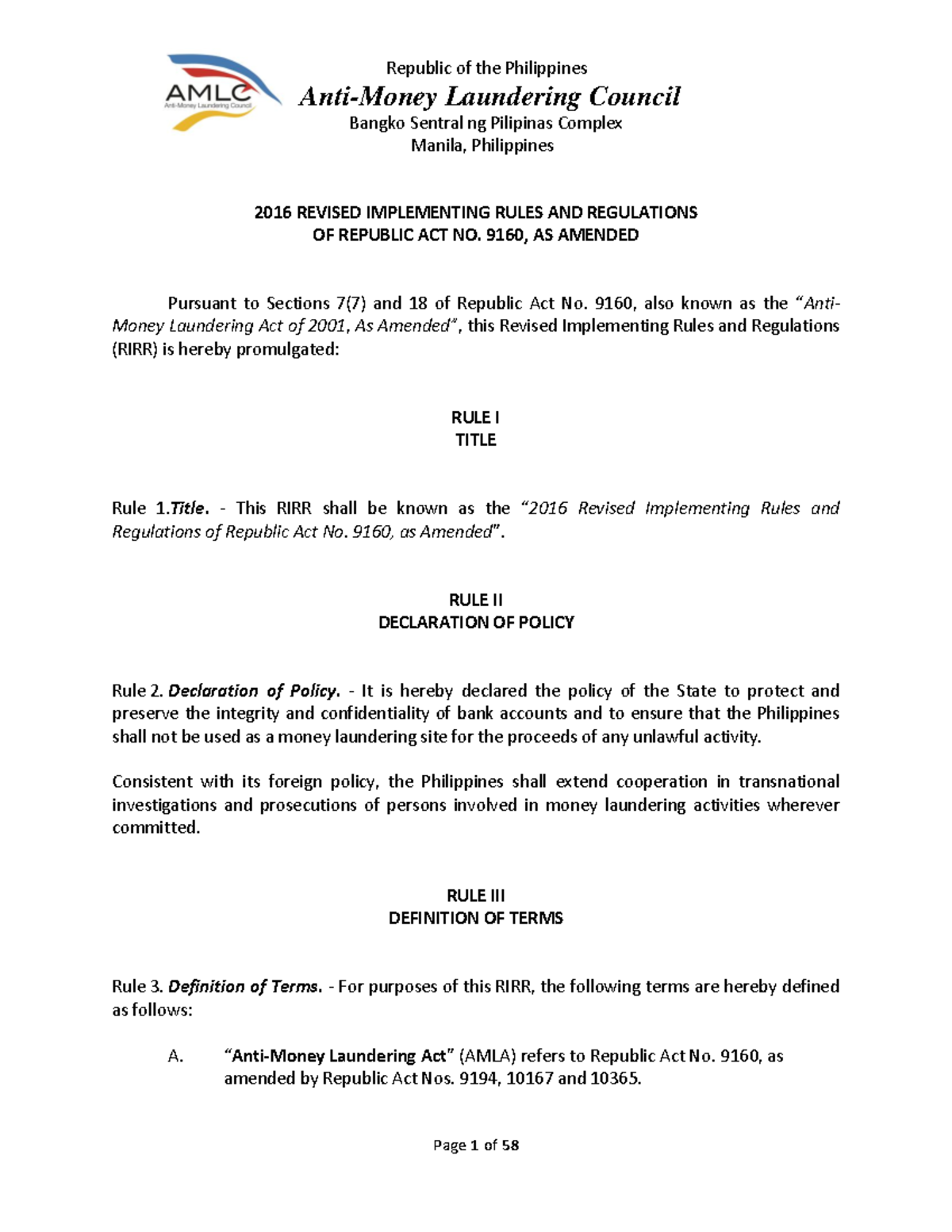Amla 2001 RA 9160 - Republic of the Philippines Anti-Money Laundering ...