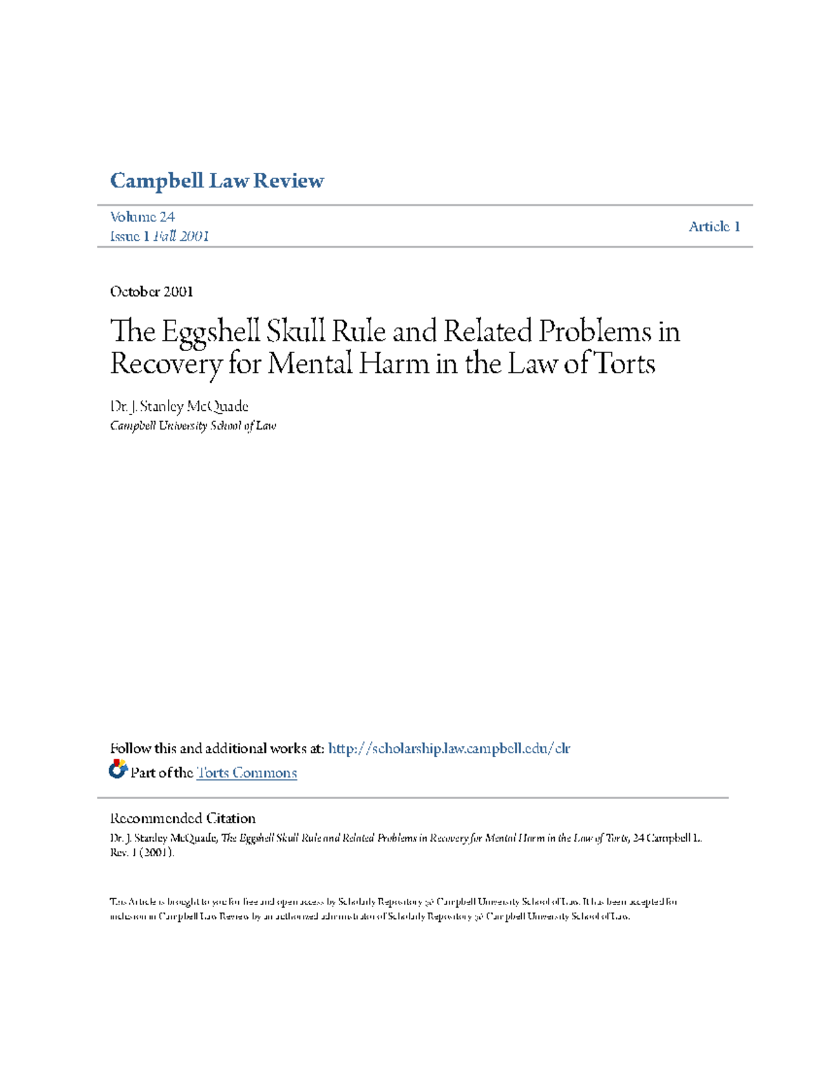 The Eggshell Skull Rule and Related Problems in Recovery for Ment - J ...