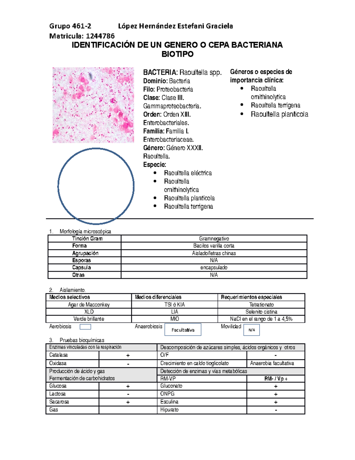 Identificación DE UNA CEPA Bacteriana - Matricula: 1244786 ...