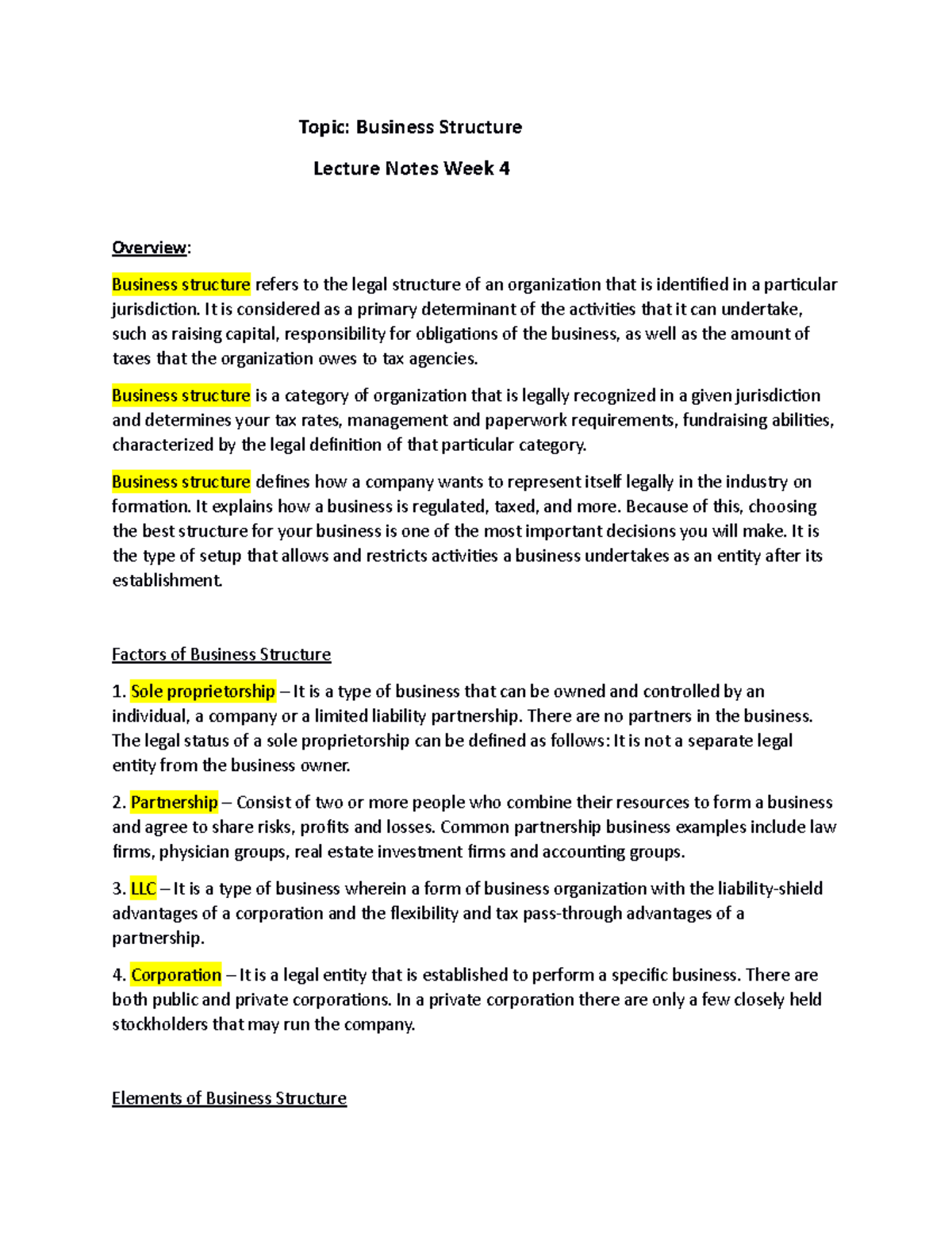 Business structure - Topic: Business Structure Lecture Notes Week 4 ...