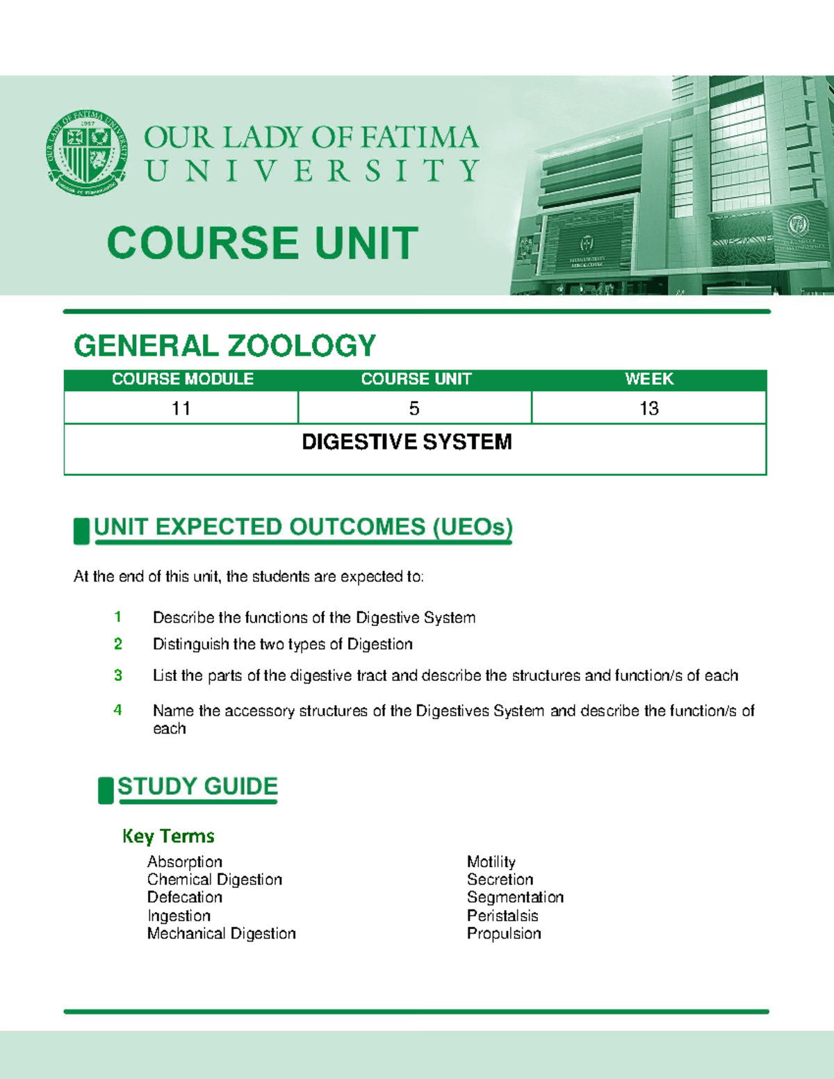 GZOO111 Week 13 Digestive System Lec handout - GENERAL ZOOLOGY COURSE ...