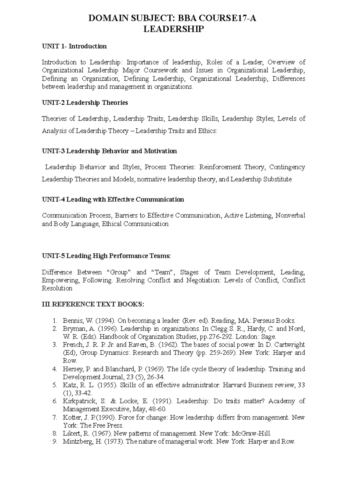 Leadership - syllabus - DOMAIN SUBJECT: BBA COURSE17-A LEADERSHIP UNIT ...
