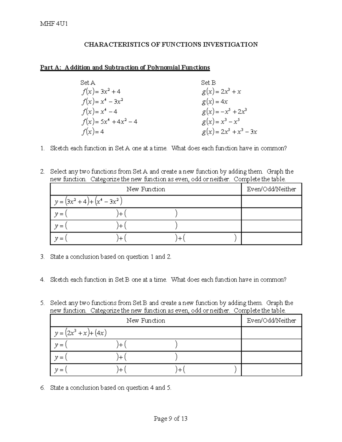 adv func review composite functions - MHF 4U Page 9 of 13 CHARACTERISTICS OF FUNCTIONS ...