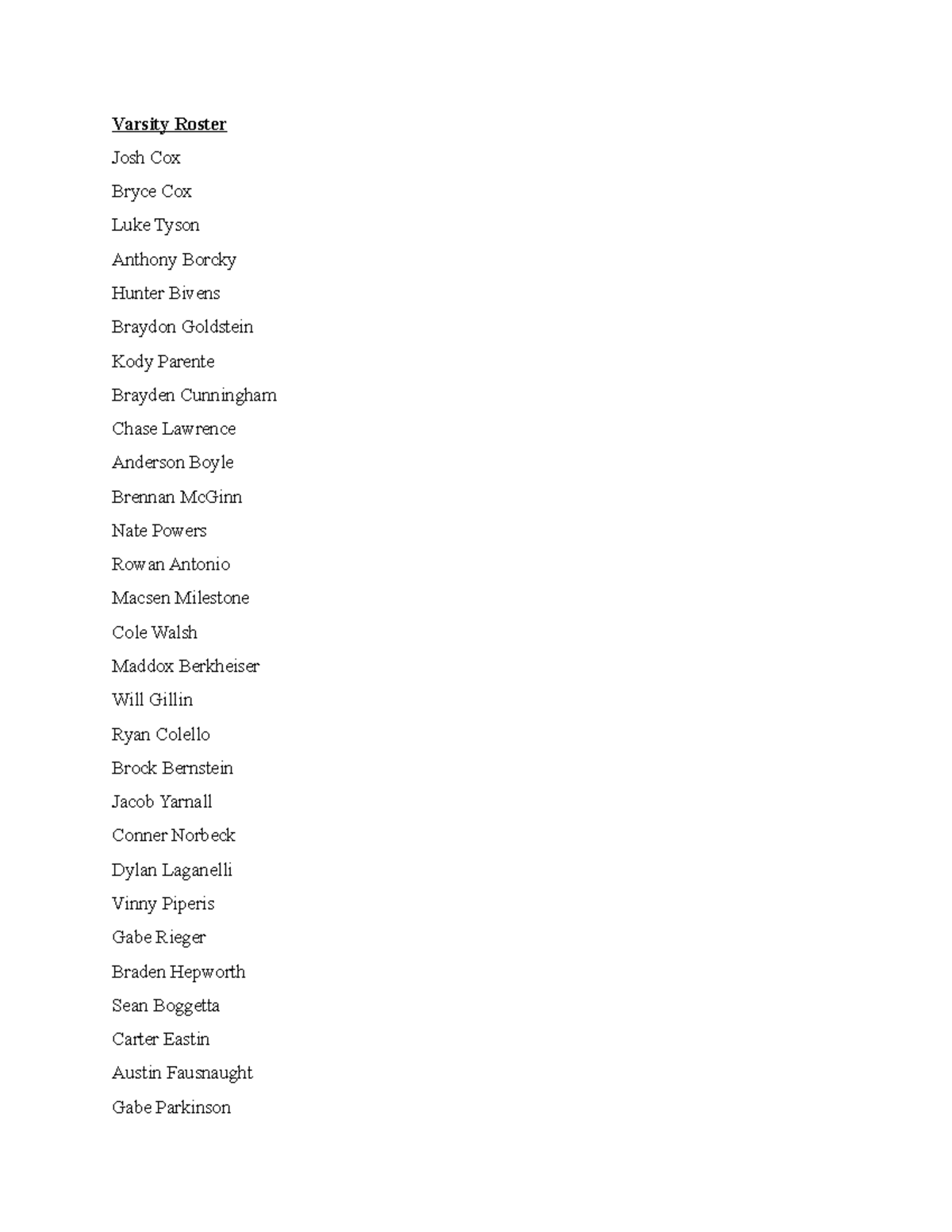 AG Spring Roster - Varsity Roster Josh Cox Bryce Cox Luke Tyson Anthony ...