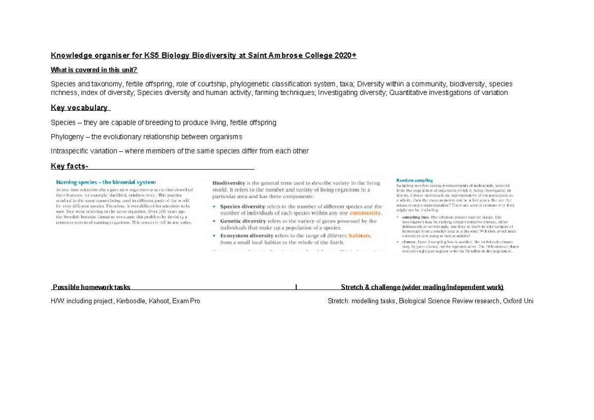 Biodiversity Knowledge organiser KS5 2020 - Knowledge organiser for KS5 ...