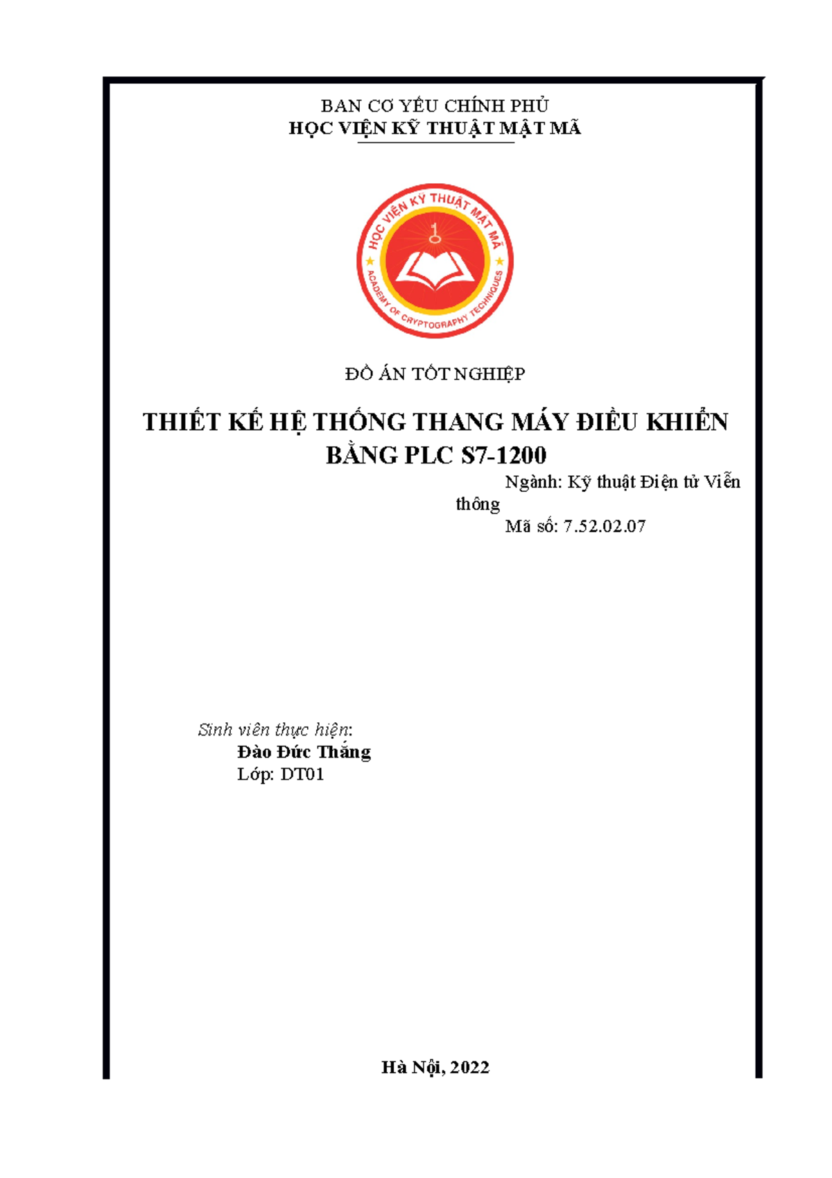 14 DT010134 Dao Duc Thang Bcdatn - dao thang - BAN CƠ YẾU CHÍNH PHỦ HỌC VIỆN KỸ THUẬT MẬT MÃ ̄ ̄ ...