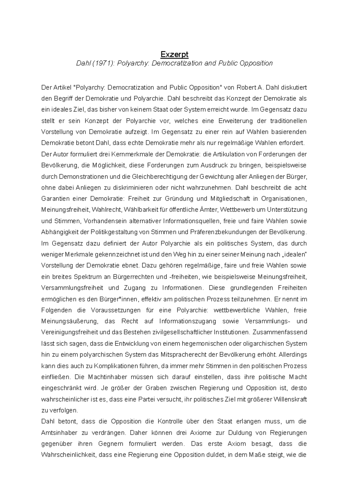 Dahl Zusammenfassung Polyarchy: Democratization and Public Opposition ...