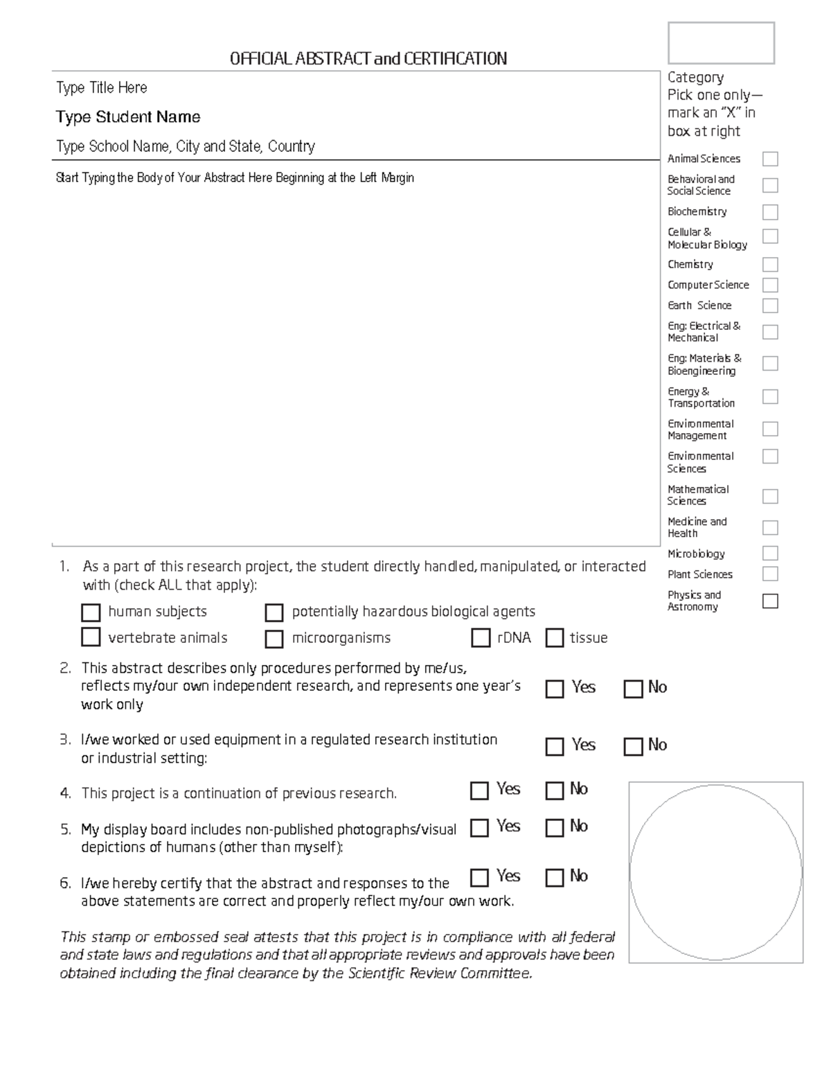 17-Categories - This is a science fair form for whoever needs it ...