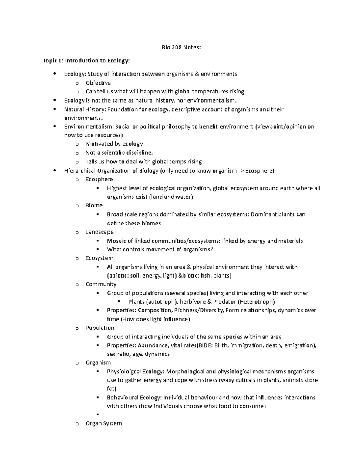 Bio 208 Notes - Bio 208 Notes: Topic 1: Introduction to Ecology ...