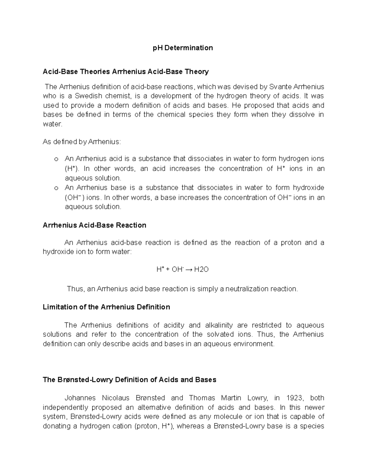 P H Determination Outline -1 - pH Determination Acid-Base Theories ...