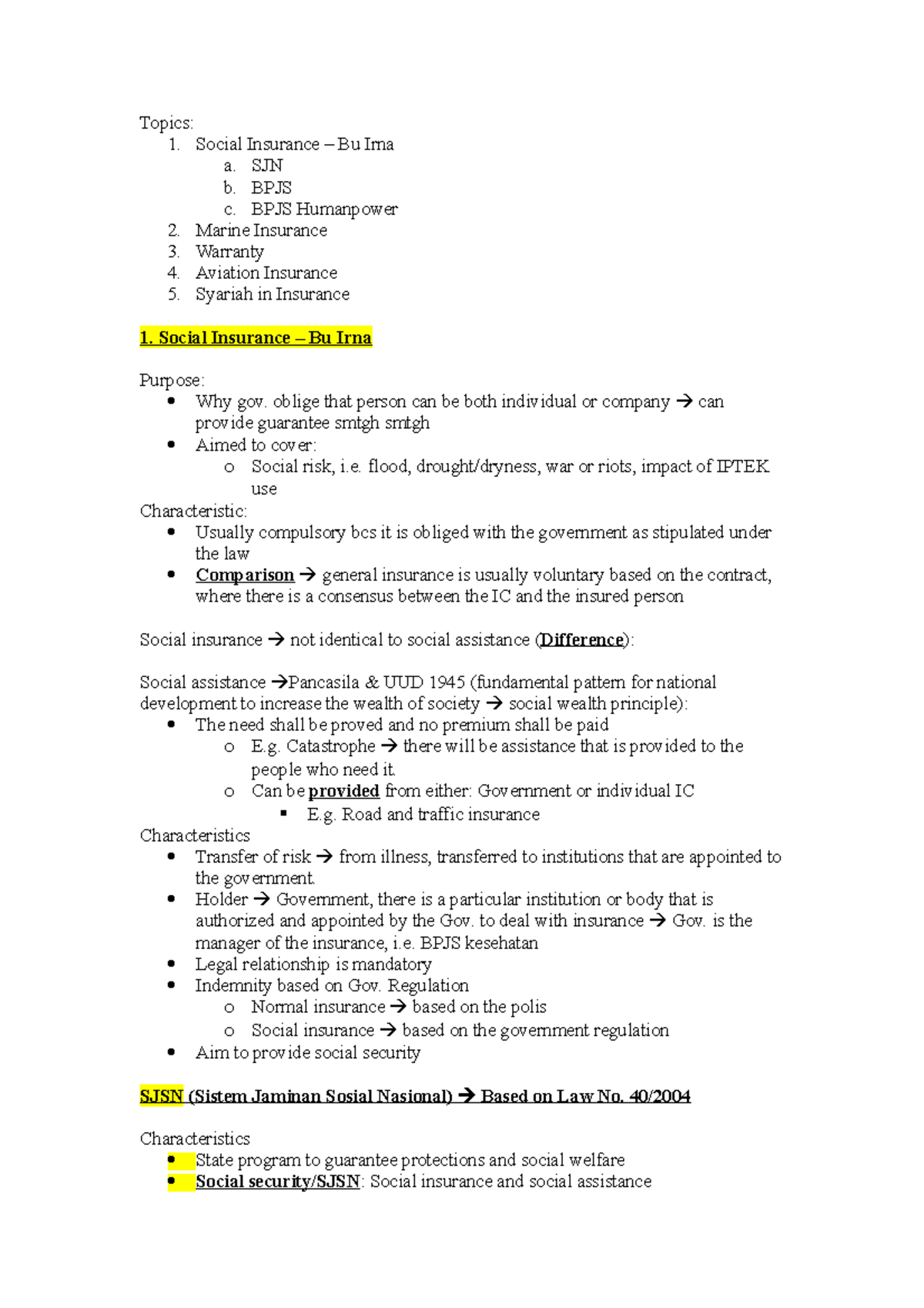 Insurance Law Notes - AD - Topics: 1. Social Insurance – Bu Irna a. SJN ...