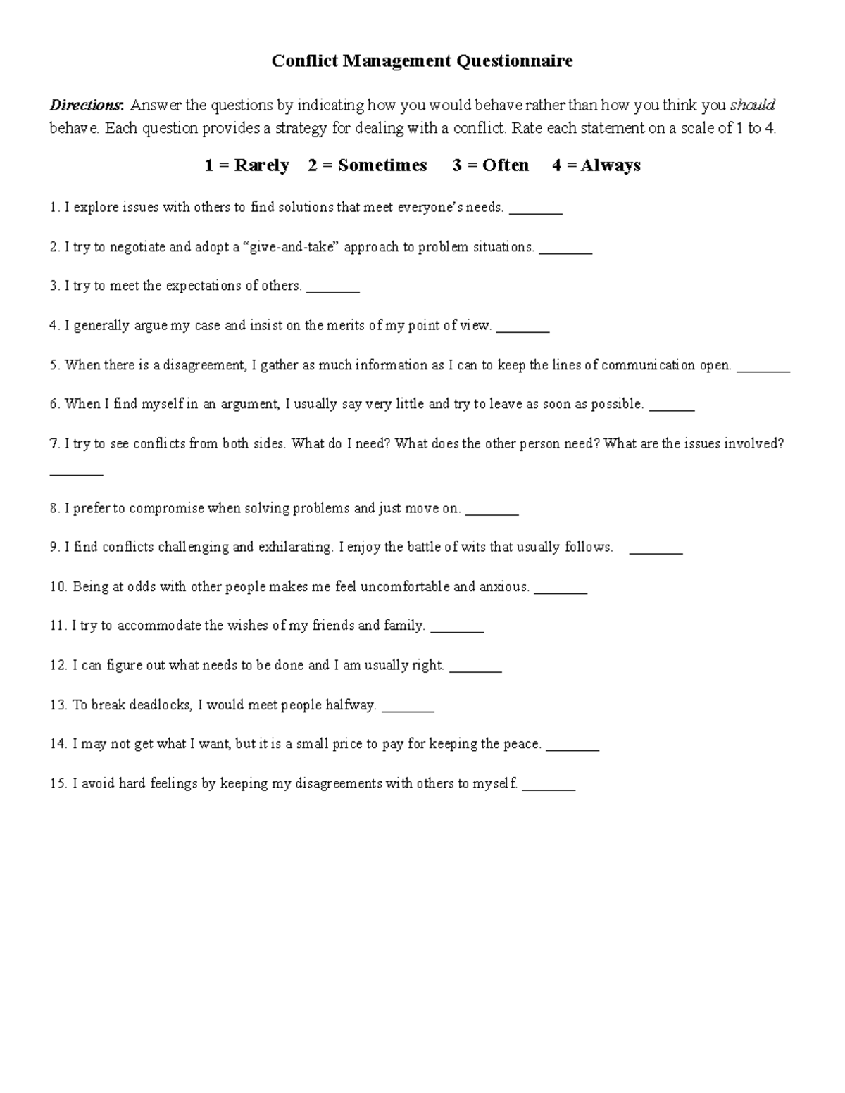 M8L4 Conflict Management Questionnaire - Conflict Management ...