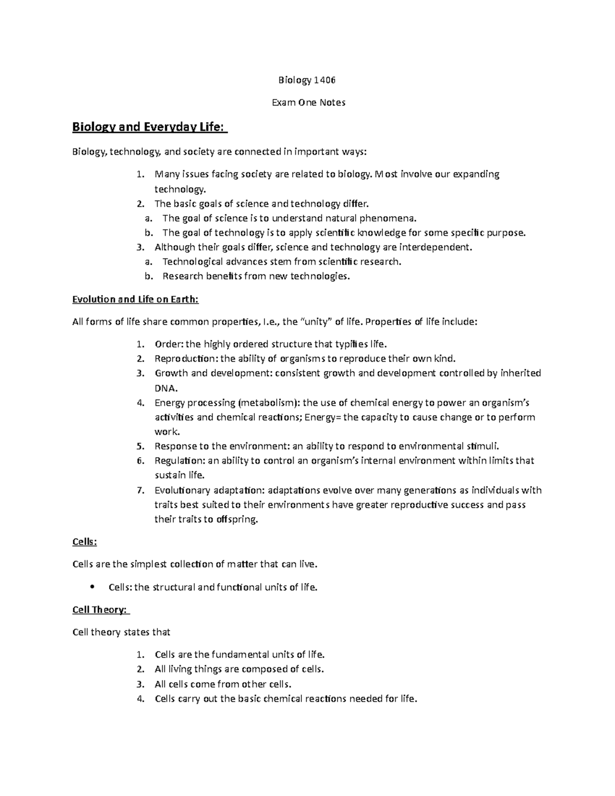 Exam 1 Notes (through 16) - Biology 1406 Exam One Notes Biology and ...