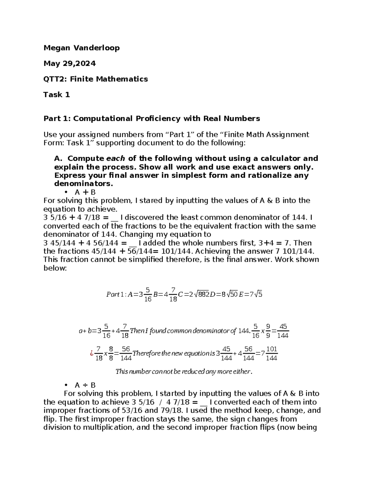 Task 1 - QTT2 - Vanderloop A3 - Megan Vanderloop May 29, QTT2: Finite Mathematics Task 1 Part 1 ...