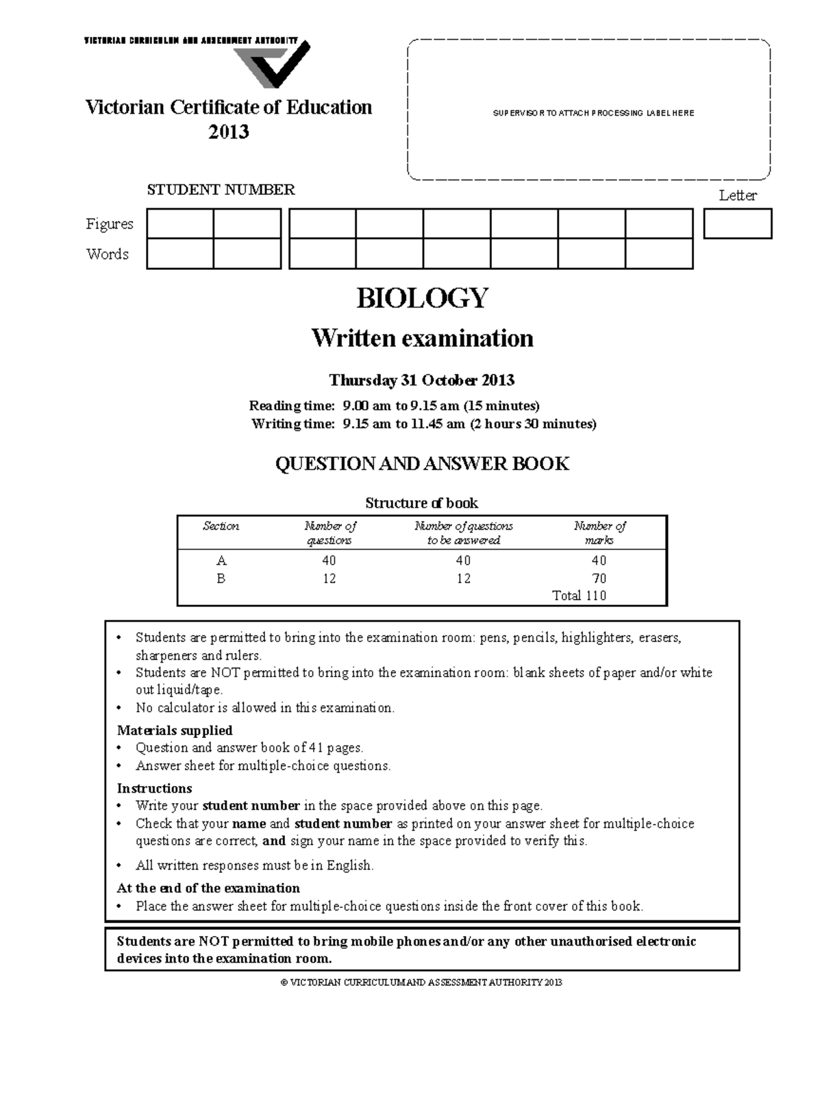 2013 biology-w - VCE biology past exam paper - BIOLOGY Written ...