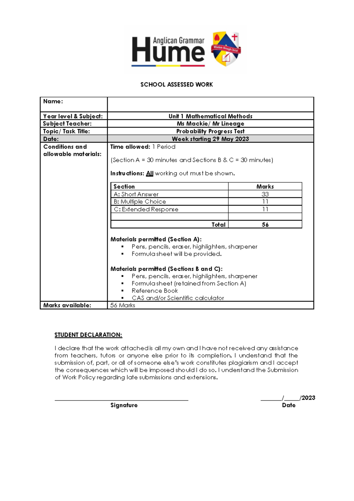 2023 Probability Test Solutions - SCHOOL ASSESSED WORK Name: Year level ...
