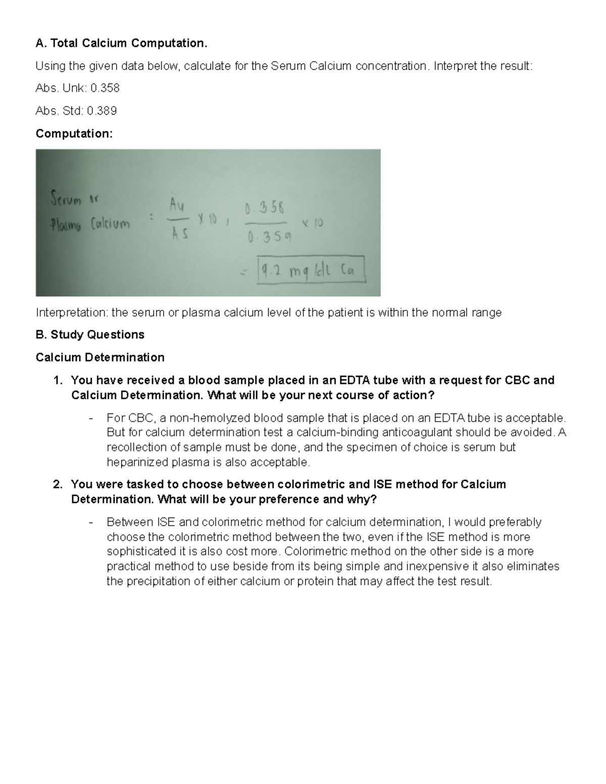 Calcium ass - A. Total Calcium Computation. Using the given data below ...