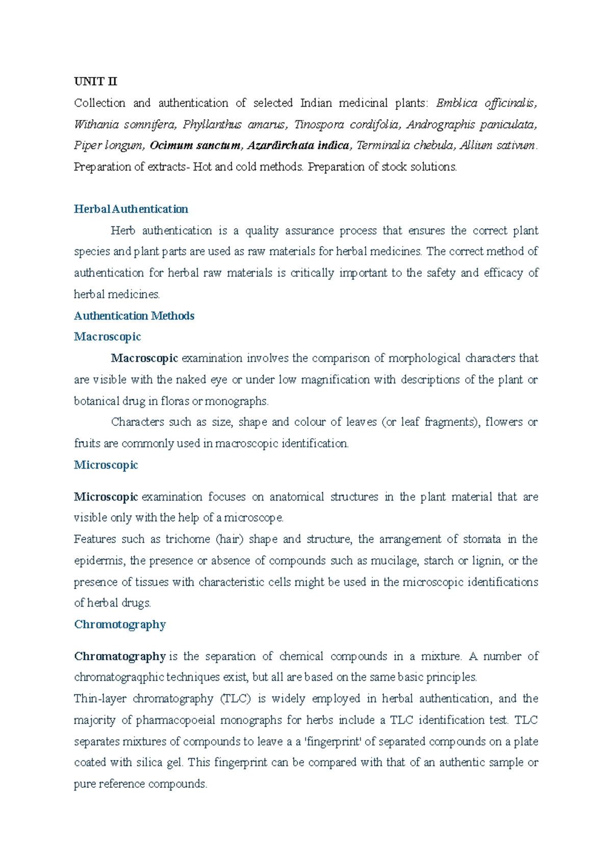 UNIT II-1 - about herbal medicine - UNIT II Collection and authentication of selected Indian ...