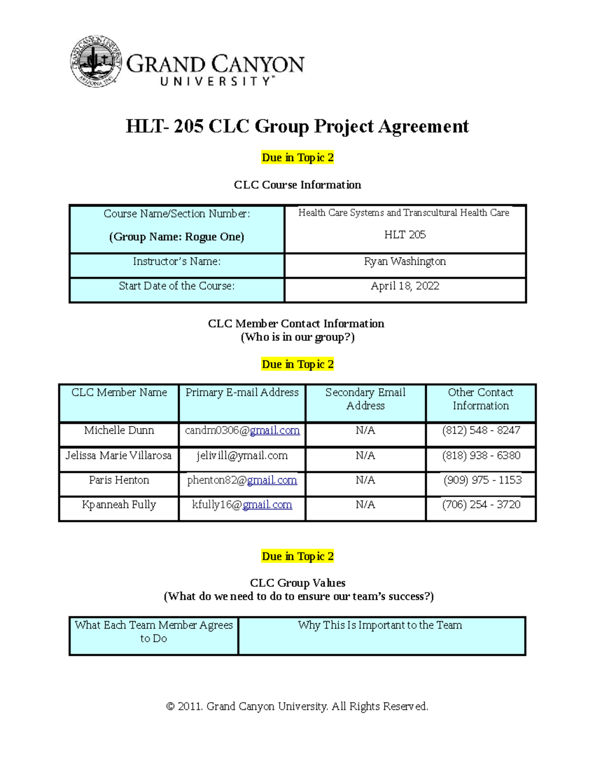 HLT205 - CLC Group Project Team Rogue One - HLT- 205 CLC Group Project Agreement Due in Topic 2 ...