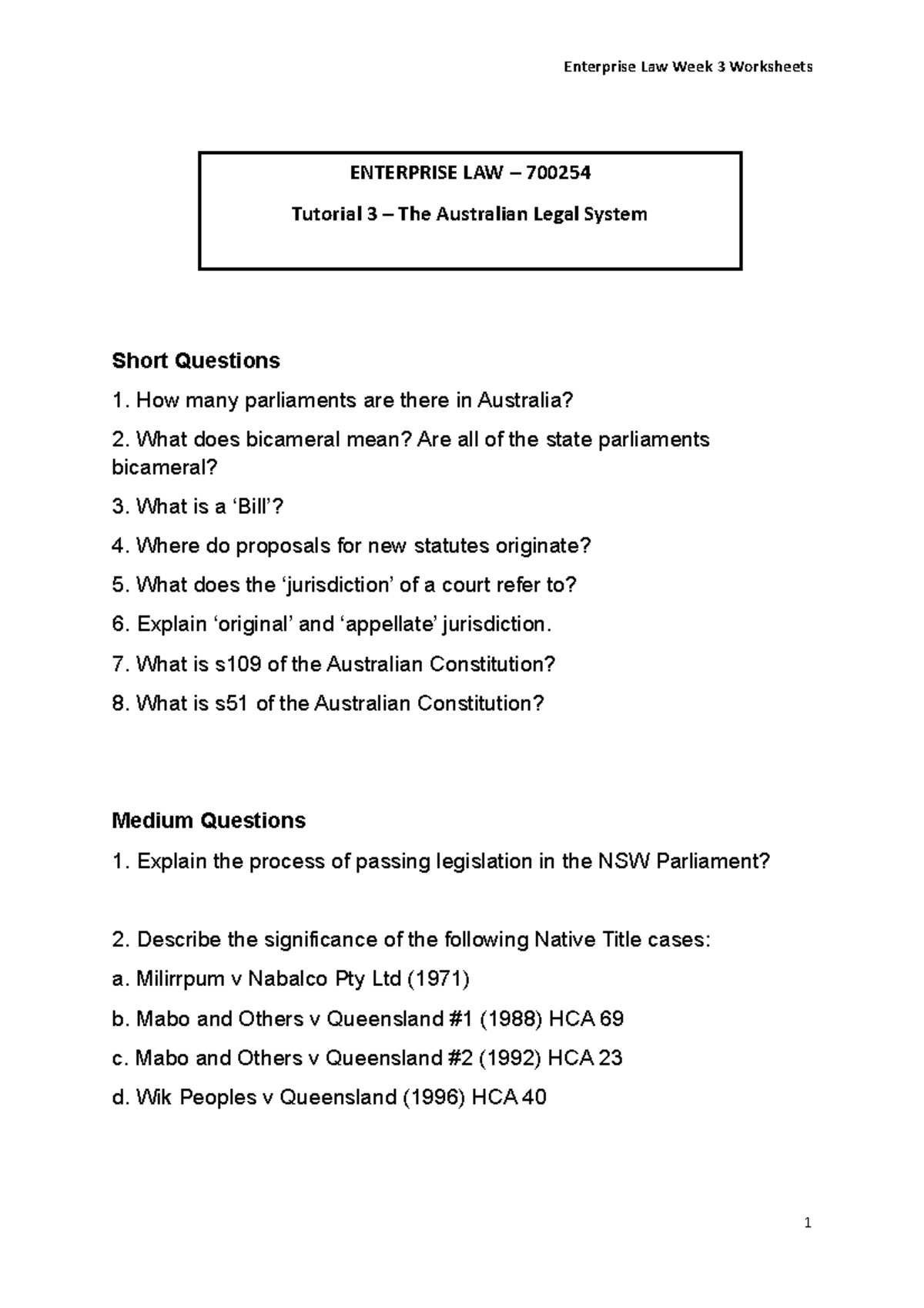Enterprise law Week 3 Tutorial Worksheets - Enterprise Law Week 3 ...