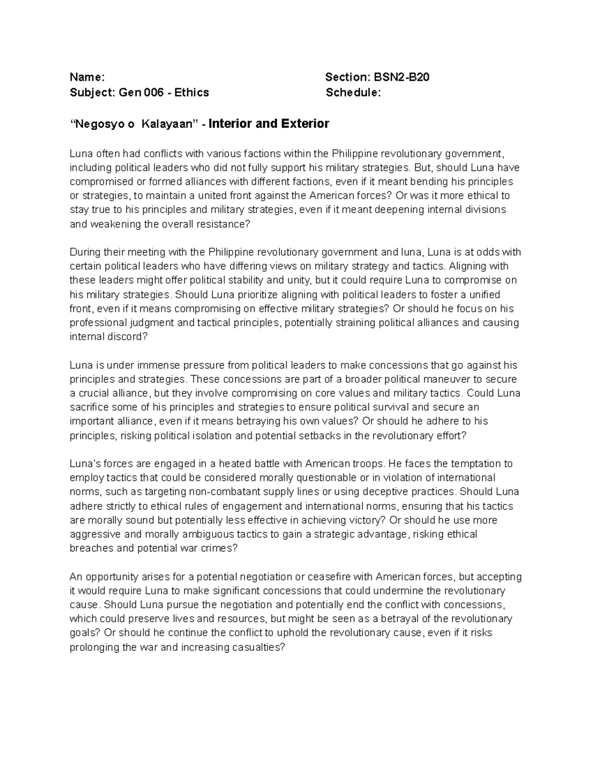 Ethics activity - Essay answkey - Name: Section: BSN2-B Subject: Gen ...