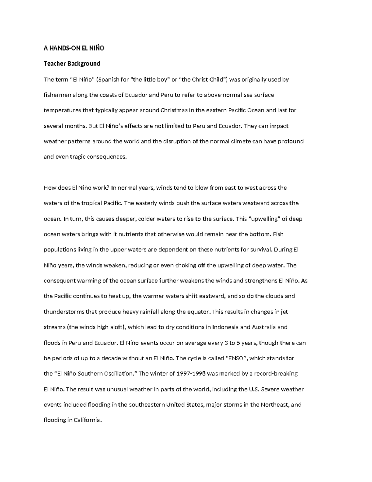 El Nino and La Nina Activity - A HANDS-ON EL NIÑO Teacher Background ...