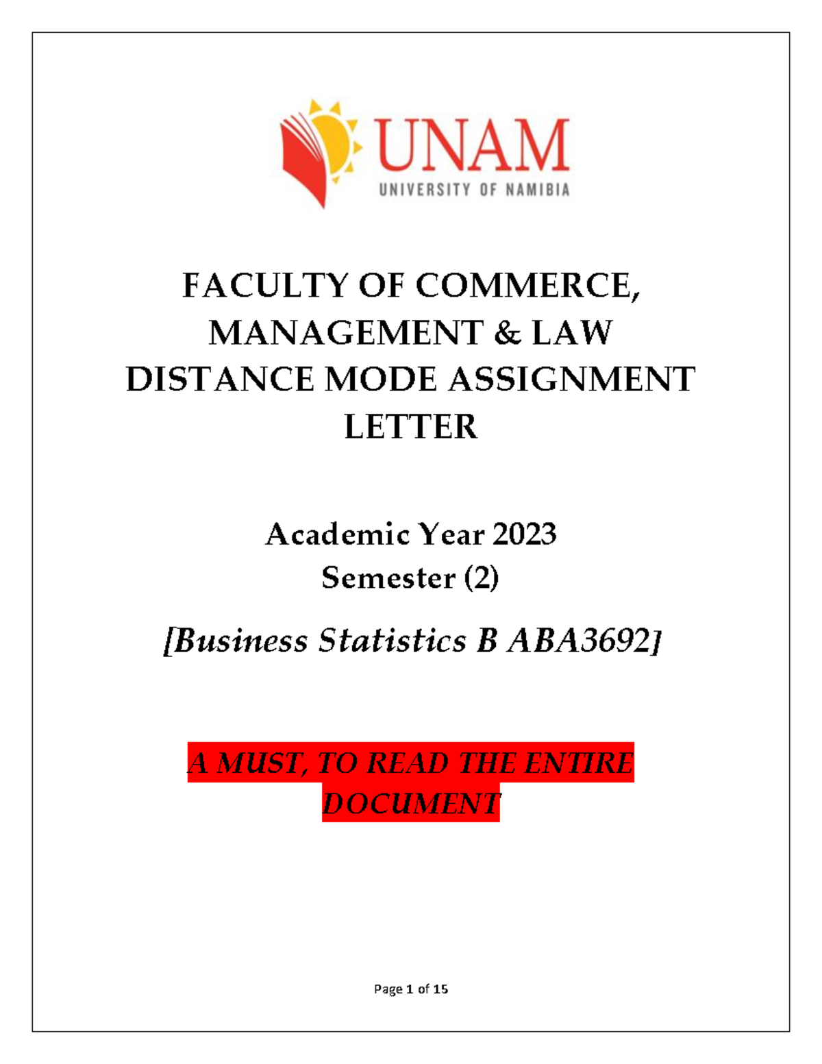 Assignments 1 and 2 - ABA 3692 Business Statistics B - Page 1 of 15 FACULTY OF COMMERCE ...