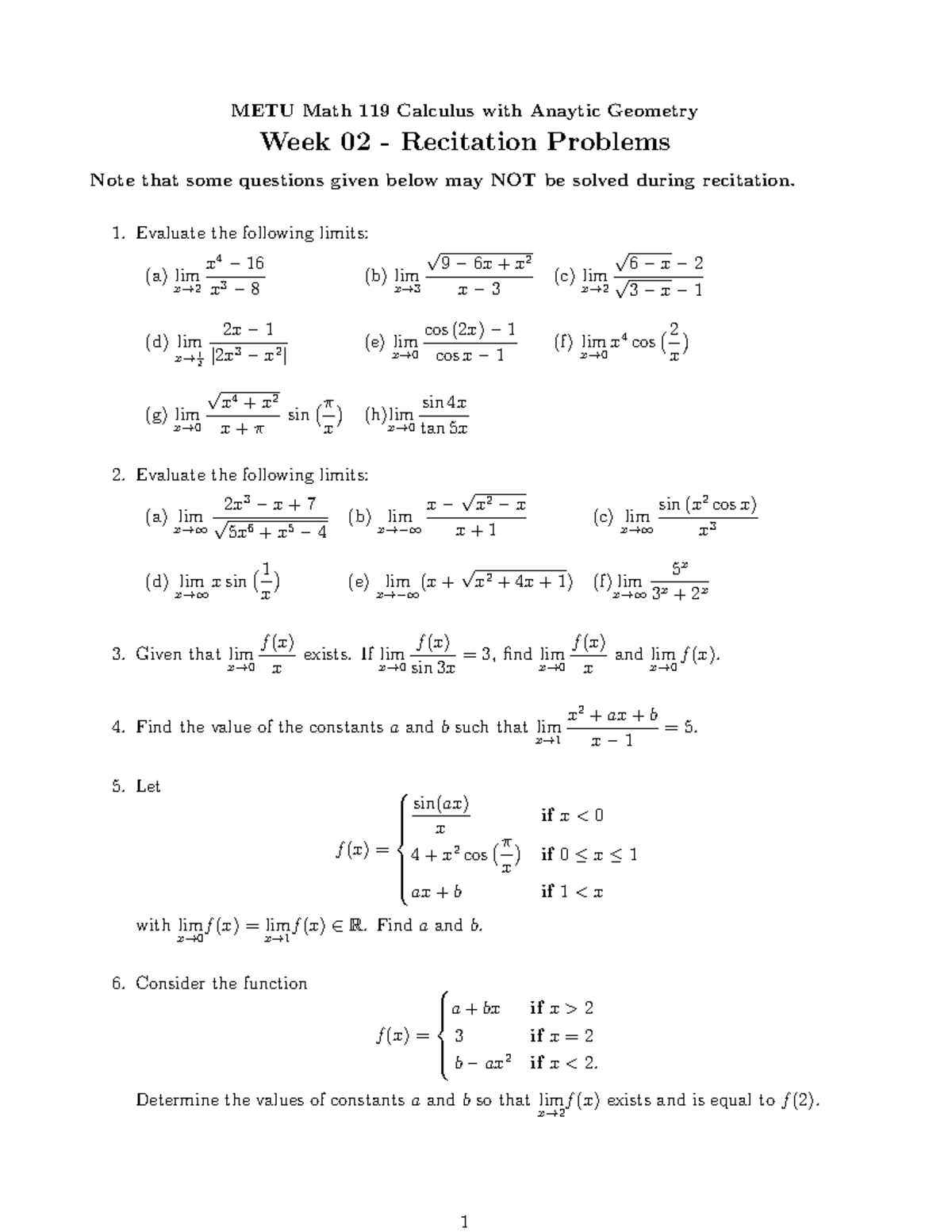 Math119 Spring 2023 2024 Recitation 2 - METU Math 119 Calculus with Anaytic Geometry Week 02 ...