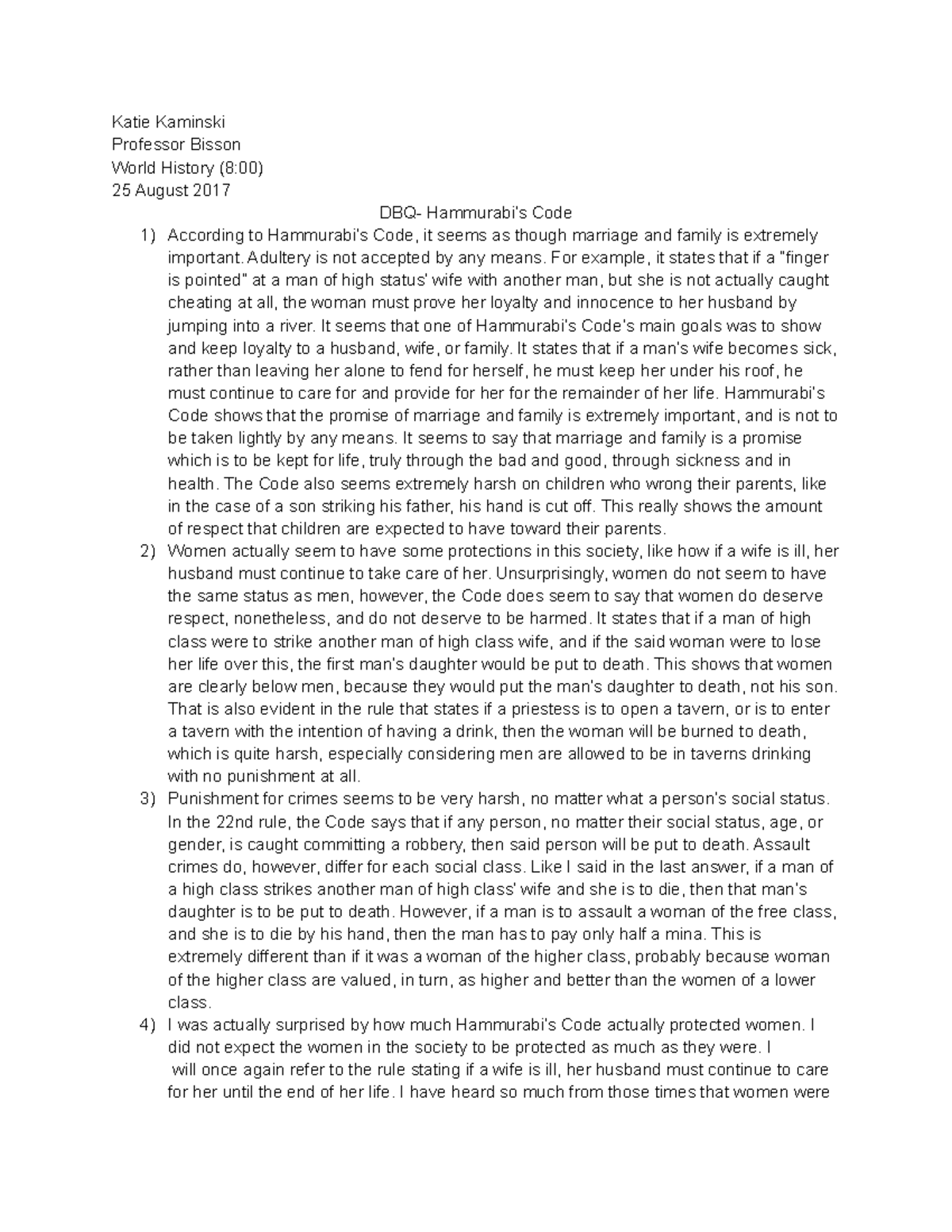 DBQ- Hammurabi’s Code - Grade: A - Katie Kaminski Professor Bisson ...