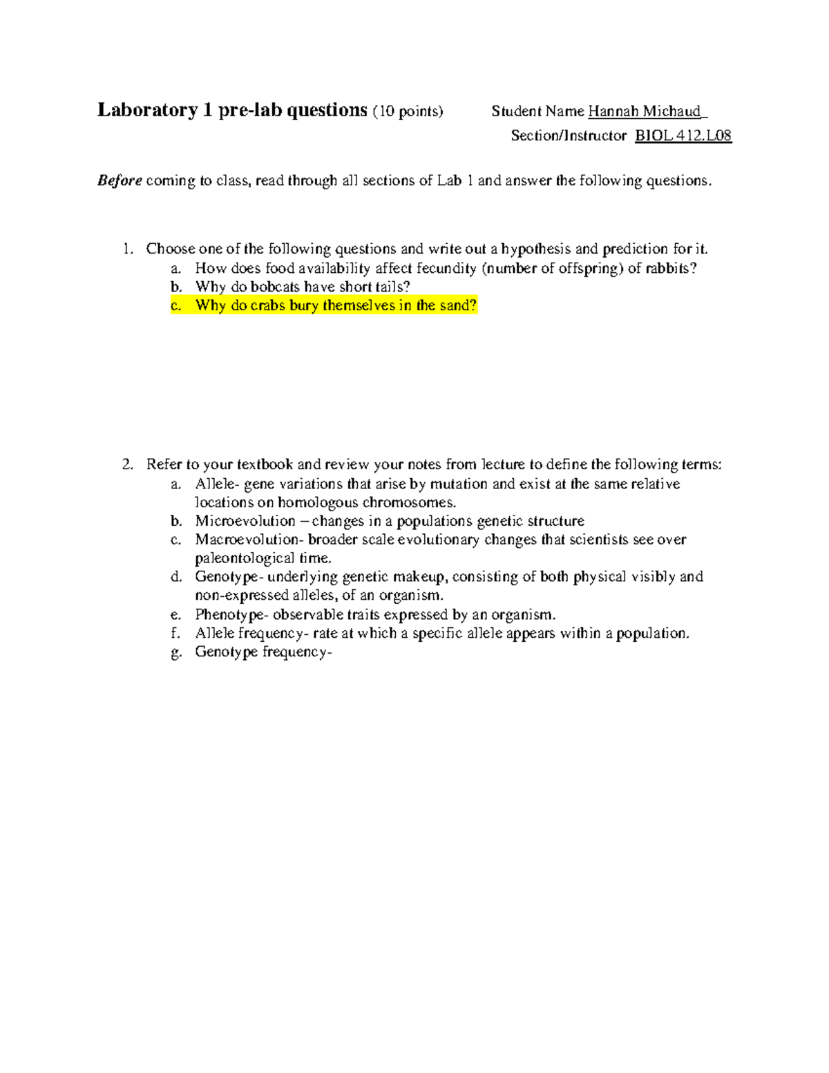 Lab 1 hypotheses and predictions - Laboratory 1 pre-lab questions (10 ...