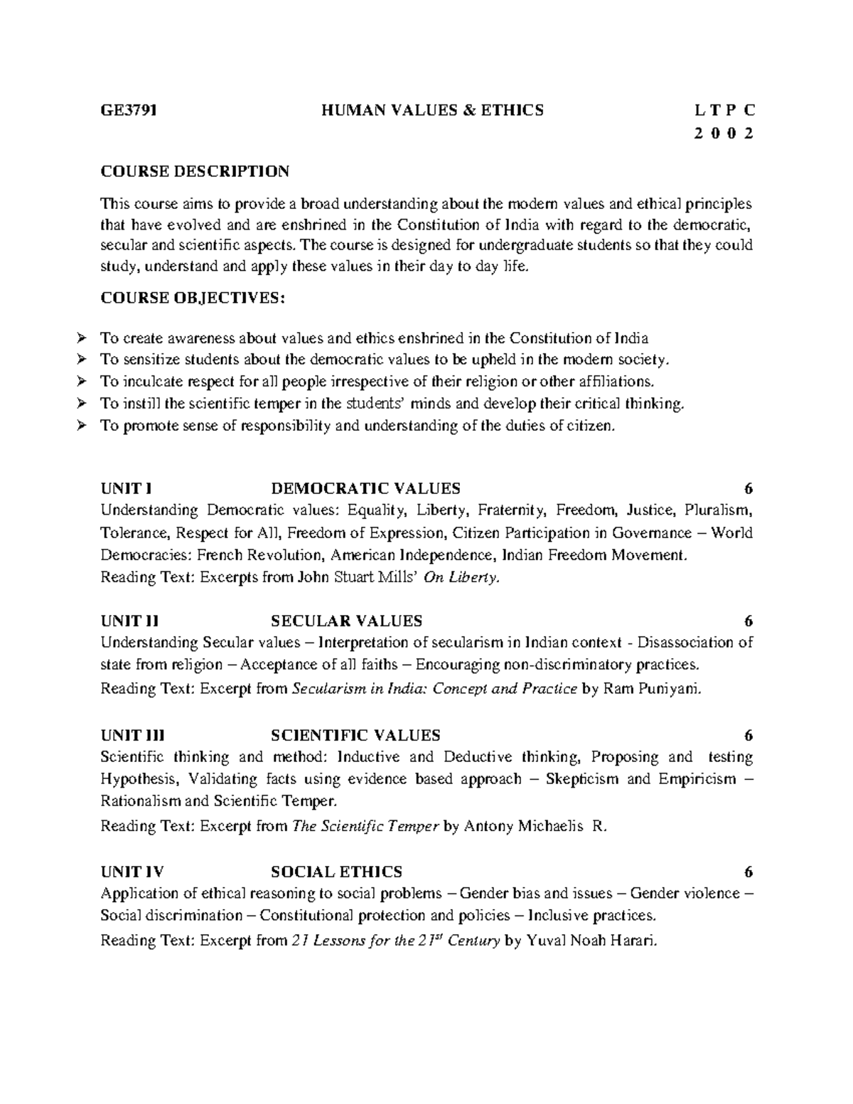 DASS Syllabus - GE3791 HUMAN VALUES & ETHICS L T P C 2 0 0 2 COURSE ...