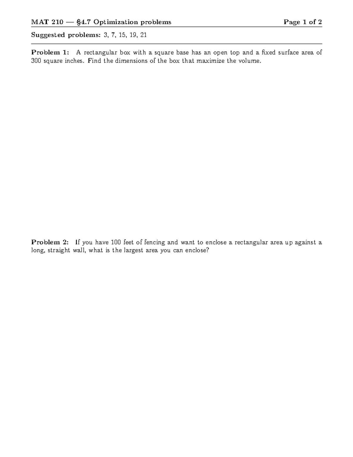 10-25 4.7 Optimization, Handout - MAT 210 — §4 Optimization problems ...