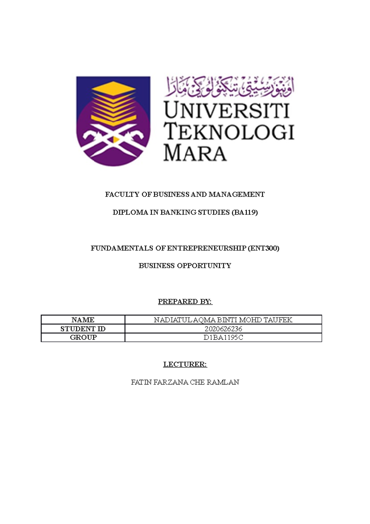 ENT300 Individual Assignment - FACULTY OF BUSINESS AND MANAGEMENT ...