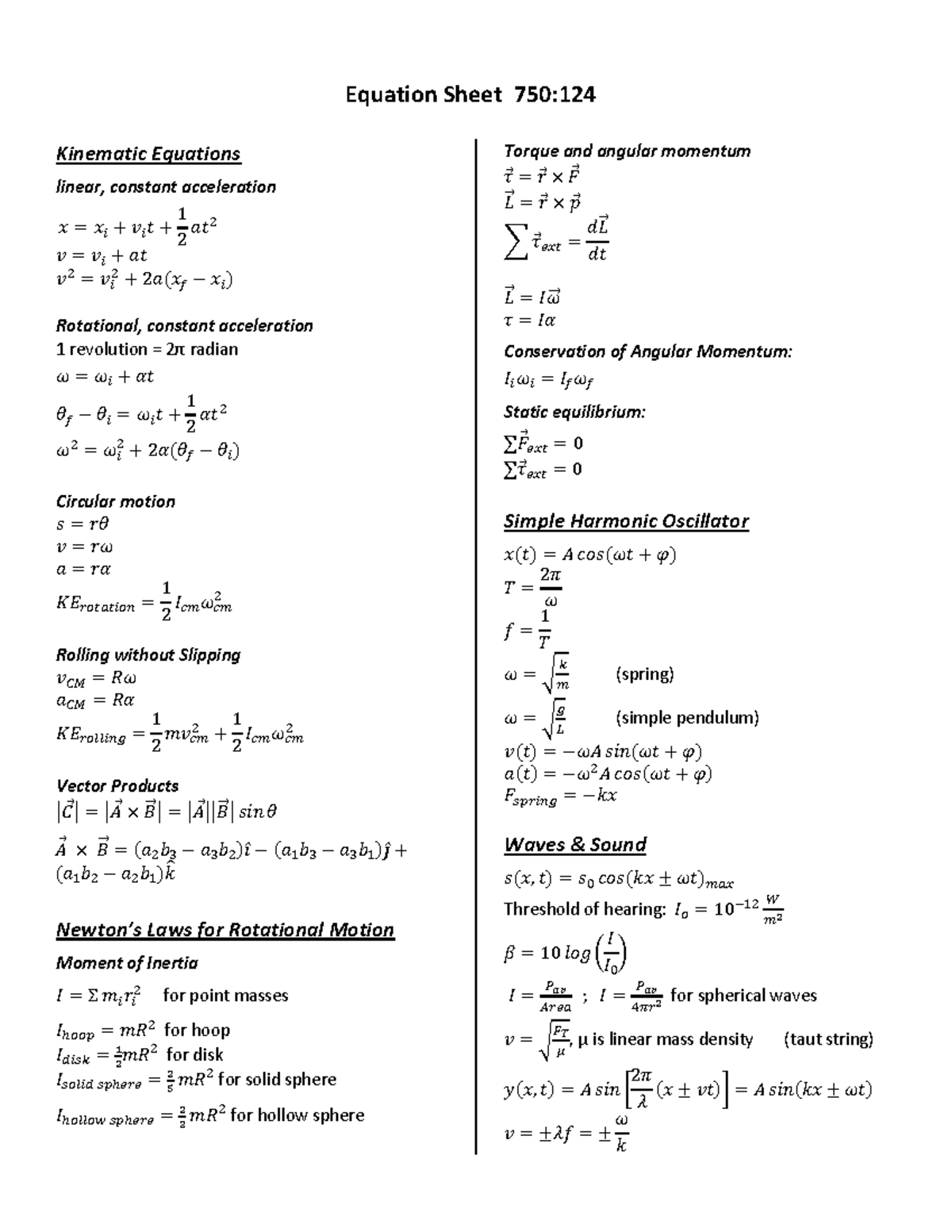 124 Equation Sheet - Final Exam Equation Sheet 750:124 Spring 2021 ...
