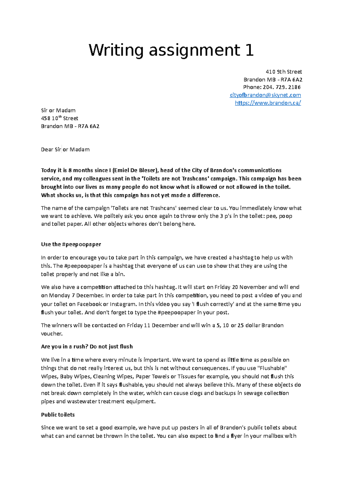 Writing assignment 1 - taak 1 - Writing assignment 1 410 9th Street ...