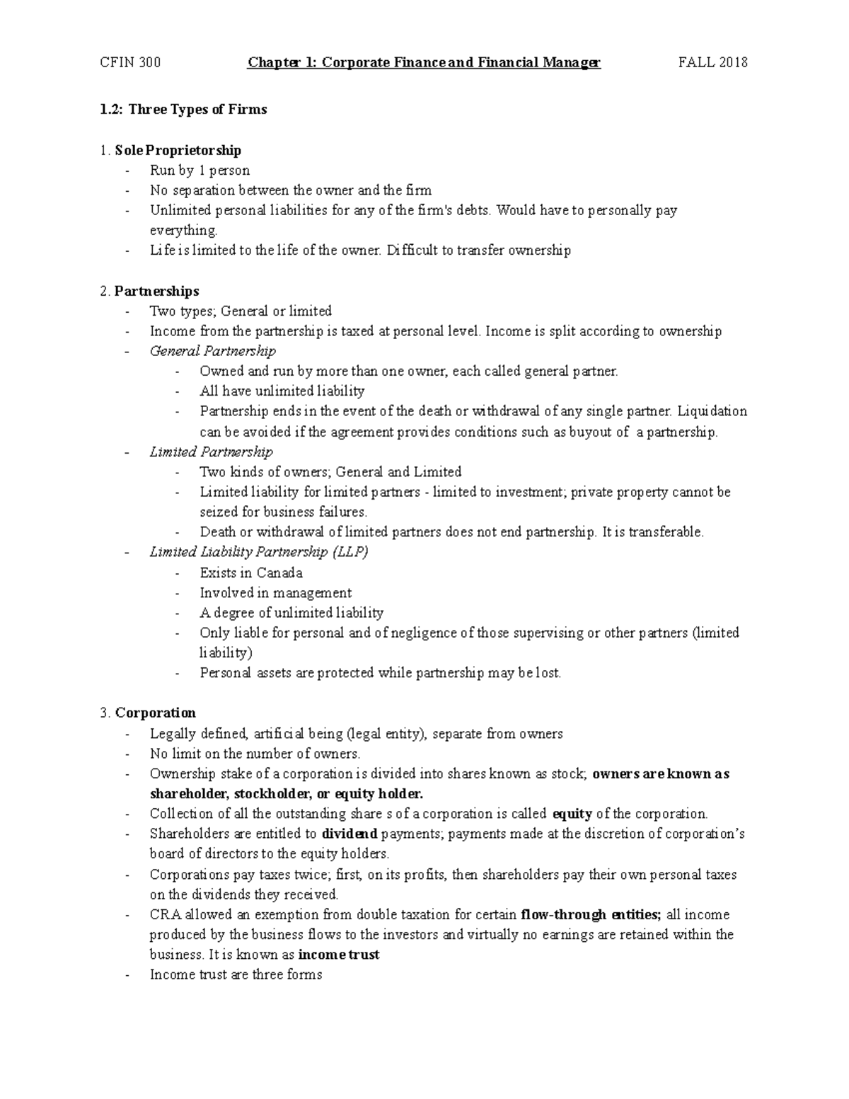 CFIN300 Chapter Notes Chapter 1 - CFIN 300 Chapter 1: Corporate Finance ...