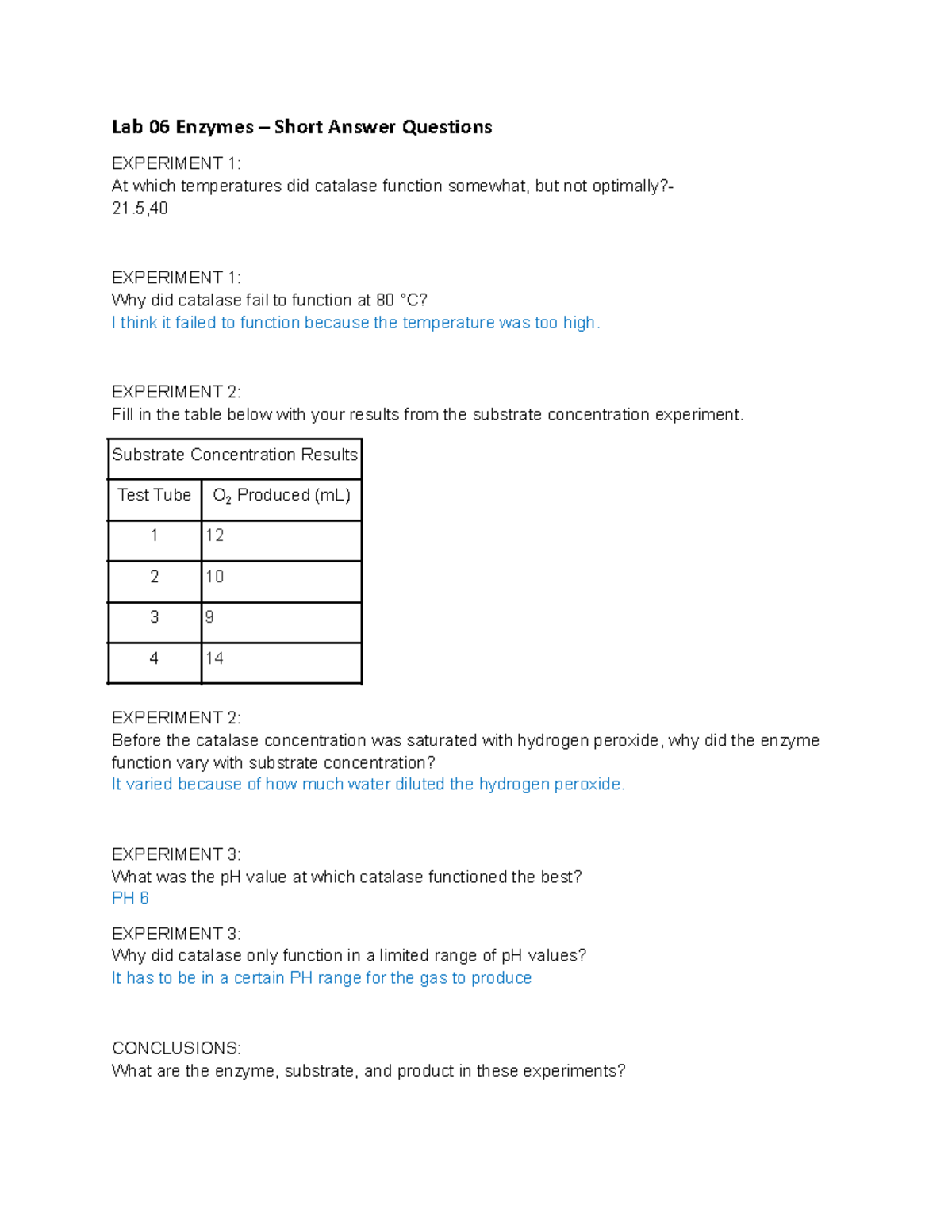 Copy of Lab 06 Enzymes Short Answers - BIO 111 - Studocu