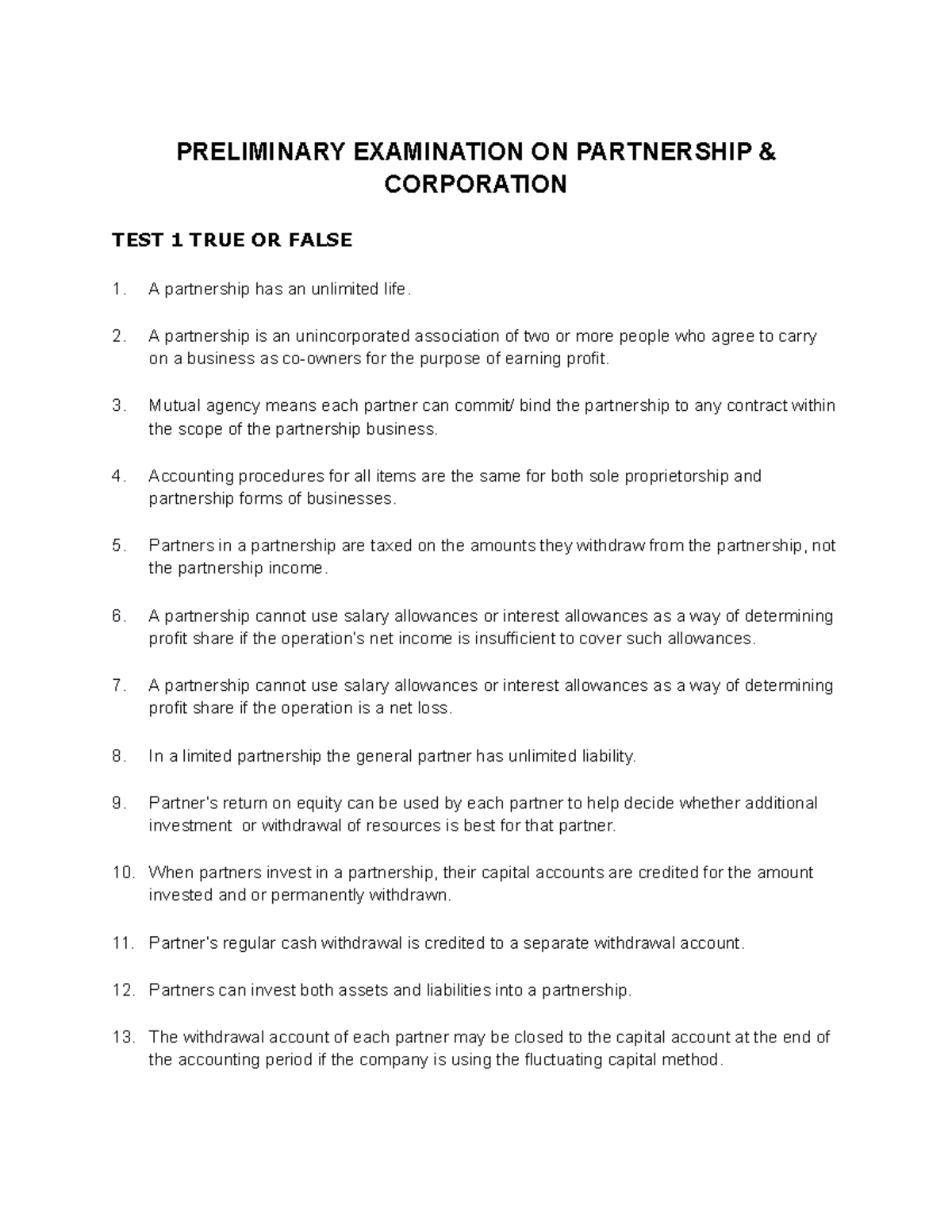 Partnership and corporation prelim - PRELIMINARY EXAMINATION ON ...