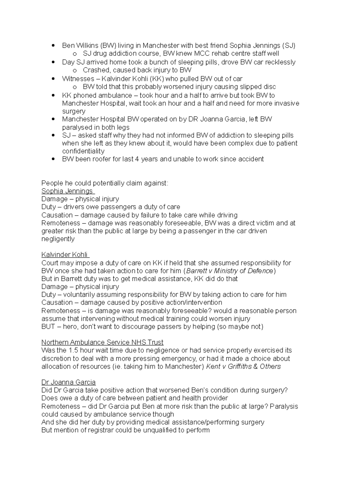 Tort Law Apply 1 - Ben Wilkins (BW) living in Manchester with best ...