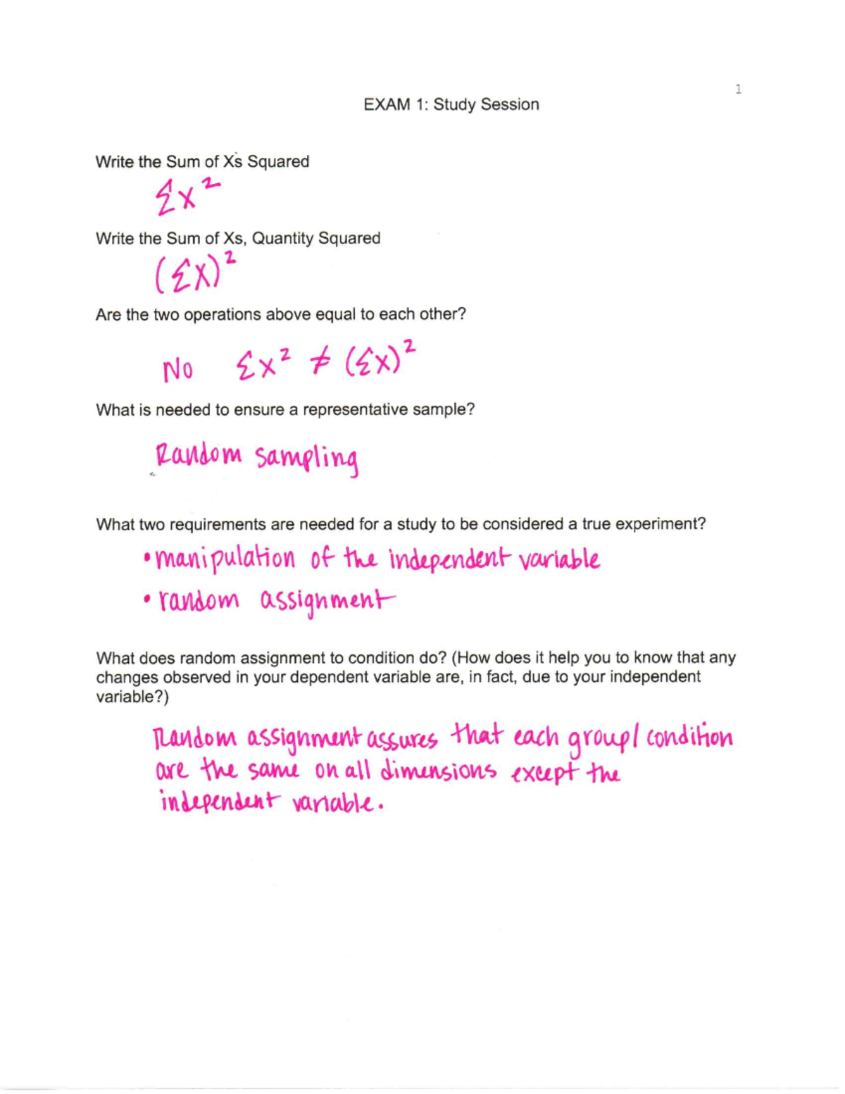 Midterm 1 Practice Exam Answers - 1 EXAM 1: Study Session Write the Sum of Xs Squared Ex2 Write ...
